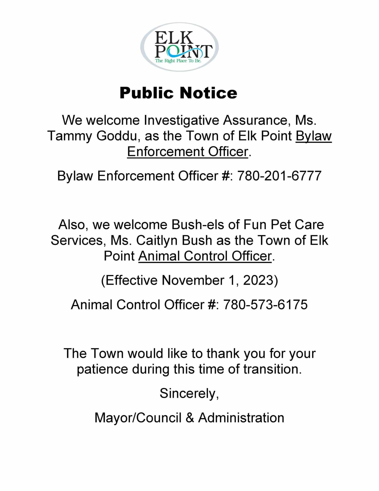 PUBLIC NOTICE: Town of Elk Point - Town hires Bylaw Enforcement Officer ...